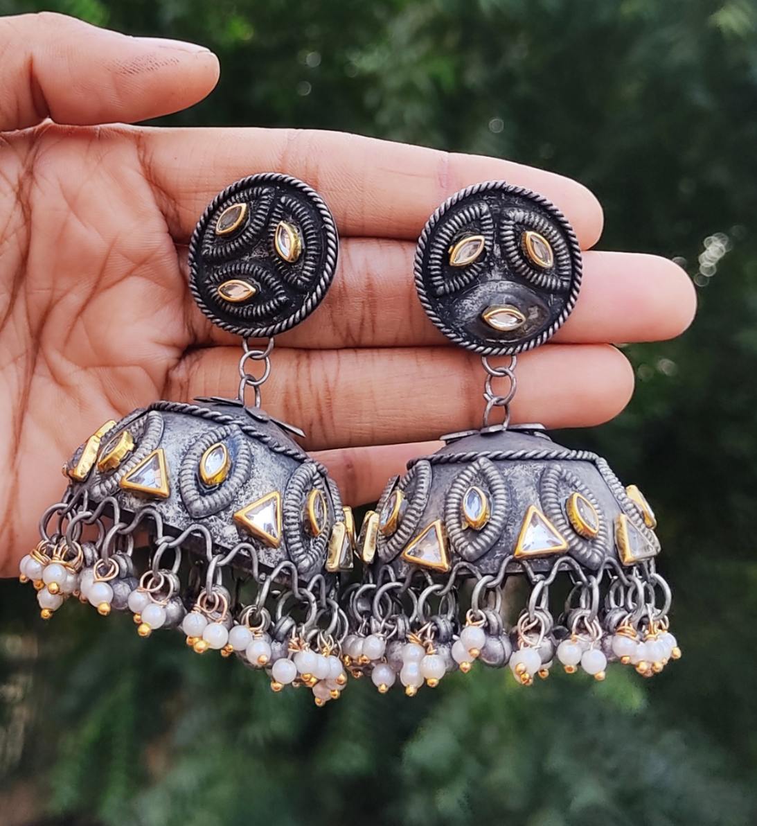 Black Polish Jhumka with Round Stud With Fancy stone Earrings for Women ...